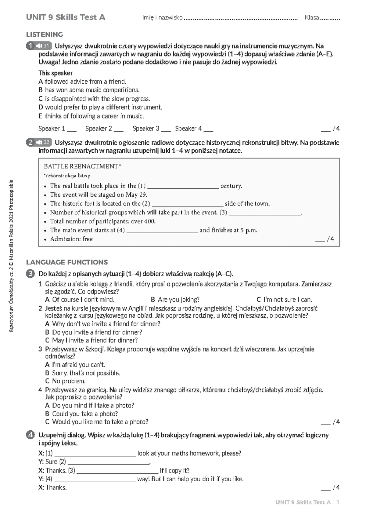 Kids Can 1 Extra Vocabulary Test Unit 1 - Język angielski - © Macmillan ...