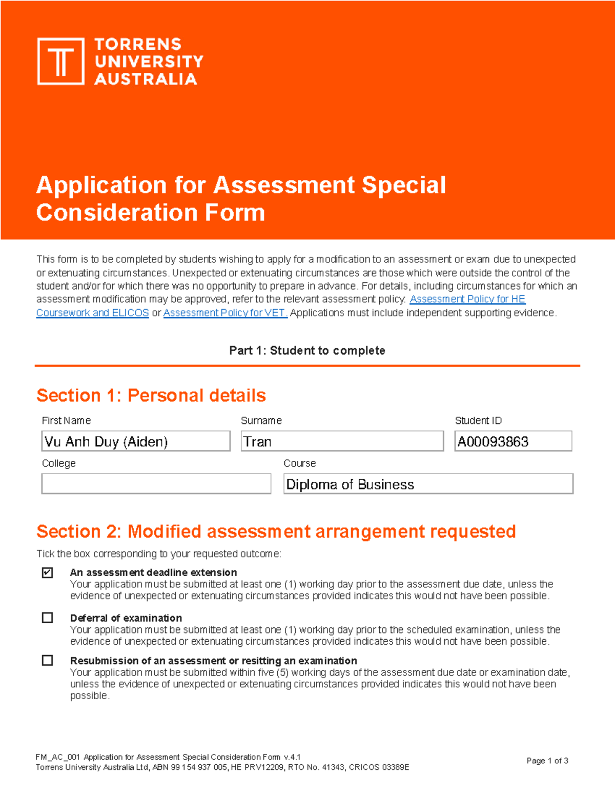 22045841 - Application for Assessment Special Consideration Form - Studocu