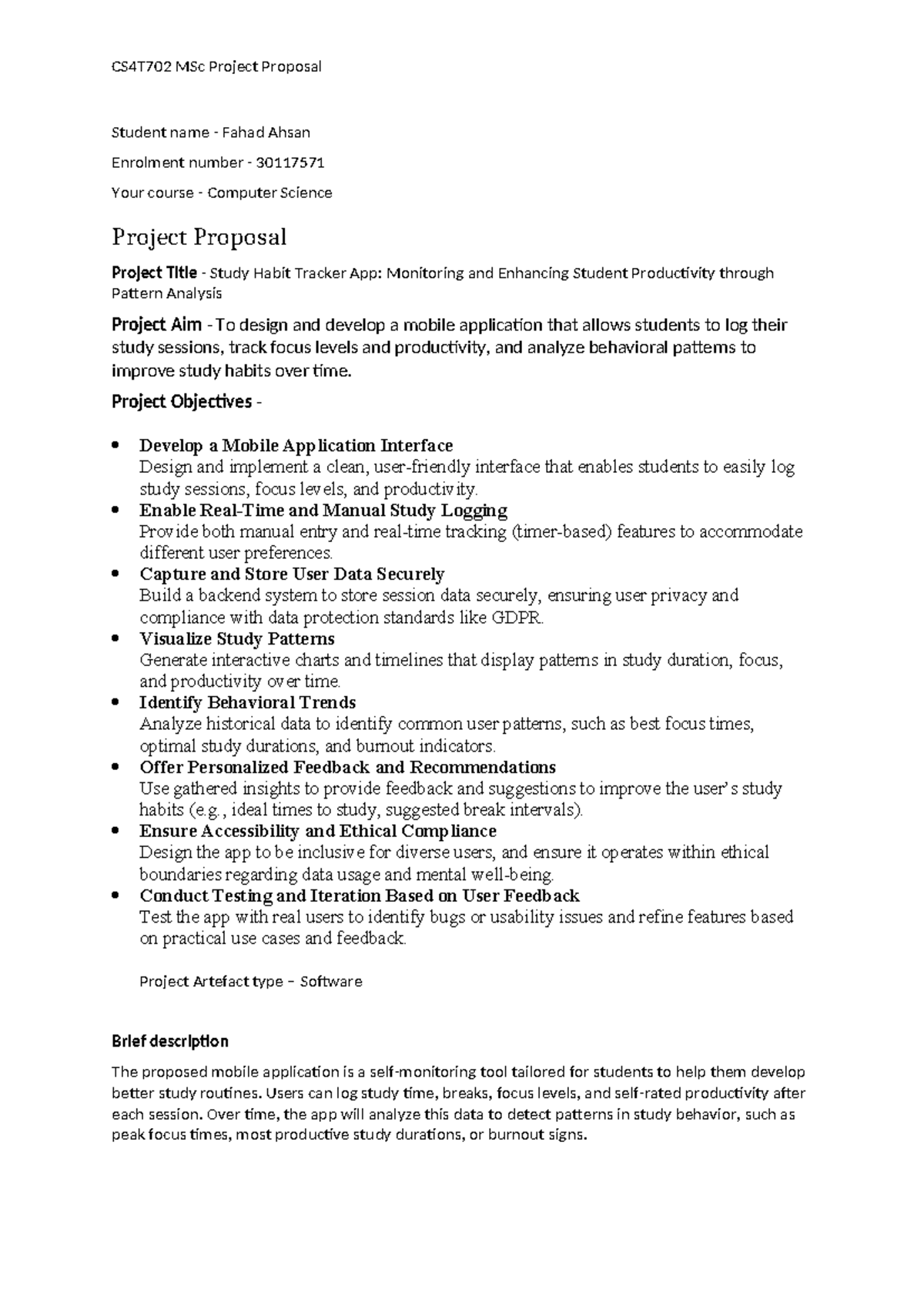 CS4T702 MSc Project Proposal: Study Habit Tracker App Development - Studocu