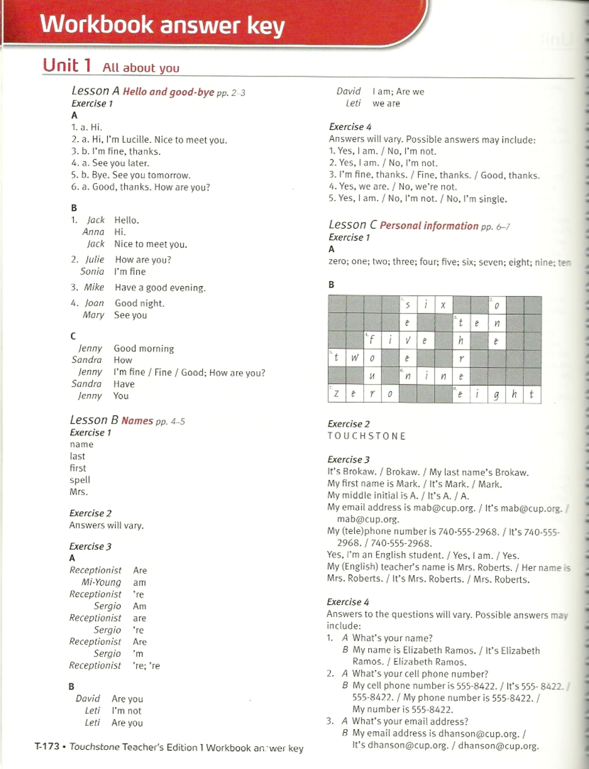 Touchstone 1 2nd edition workbook answer key 1 - ingles - Studocu