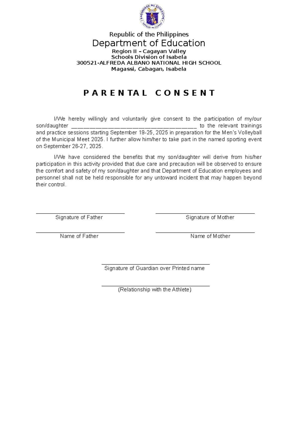 Parental Consent for Volleyball Training & Municipal Meet 2025 - Studocu