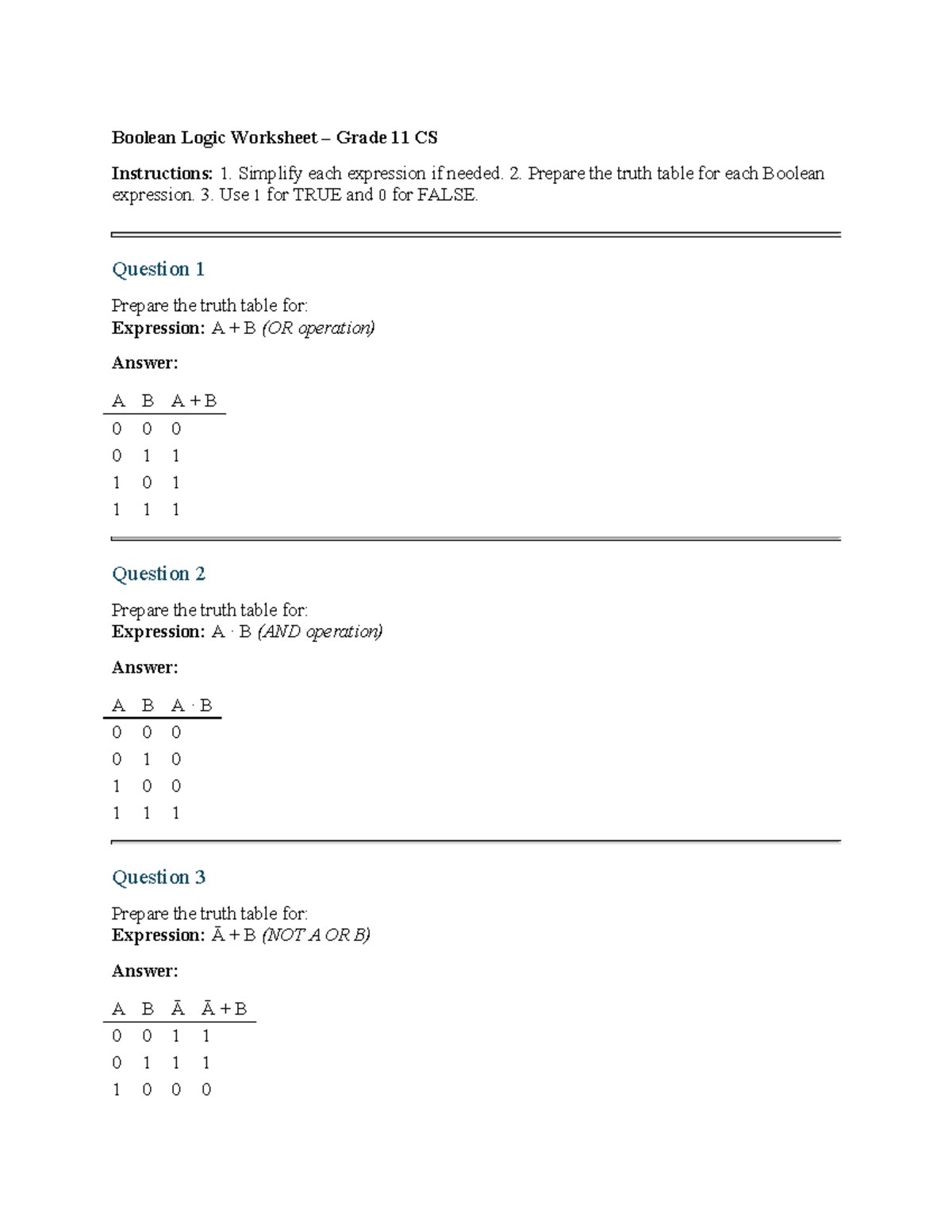 Truth Table for Boolean Logic Grade 11 Worksheet - Studocu