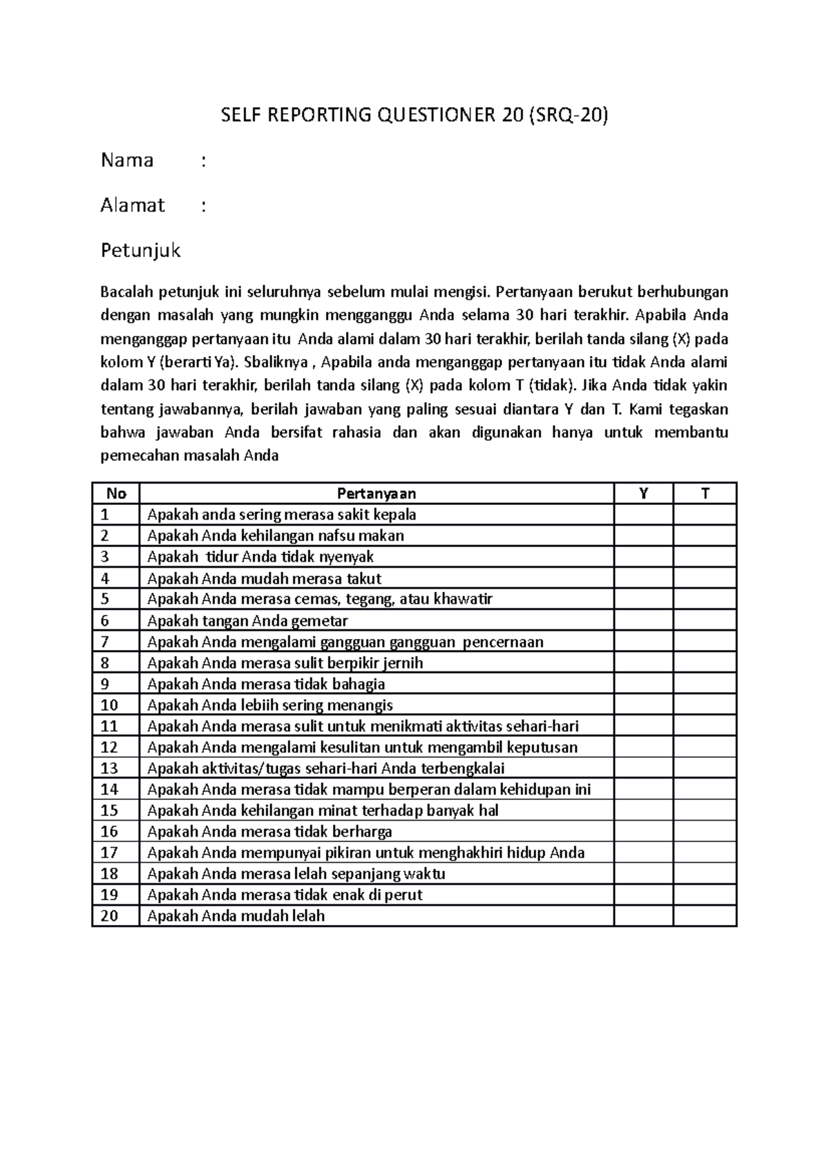 SELF Reporting Questionnaire SRQ-29: Emotional Health Assessment - Studocu