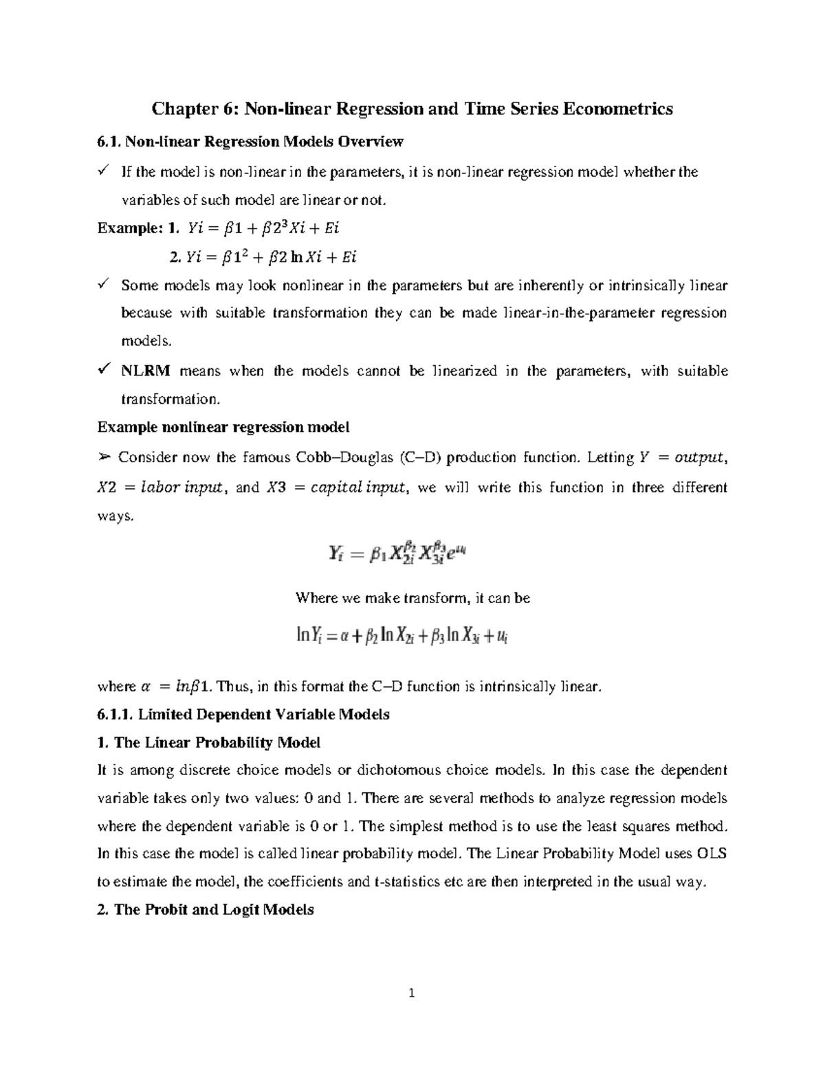 Chapter 6: Non-linear Regression & Time Series Econometrics - Studocu