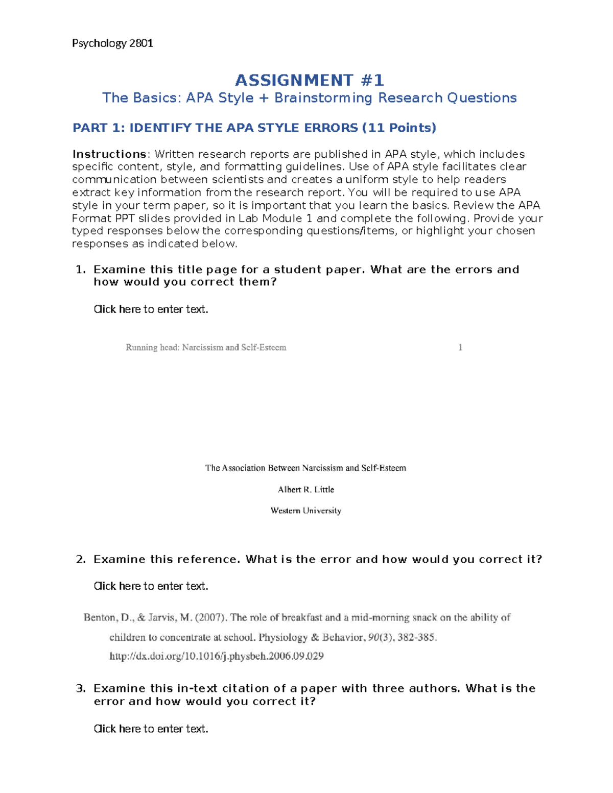 Psychology 2801 Lab Assignment: APA Style Basics & Errors - Studocu