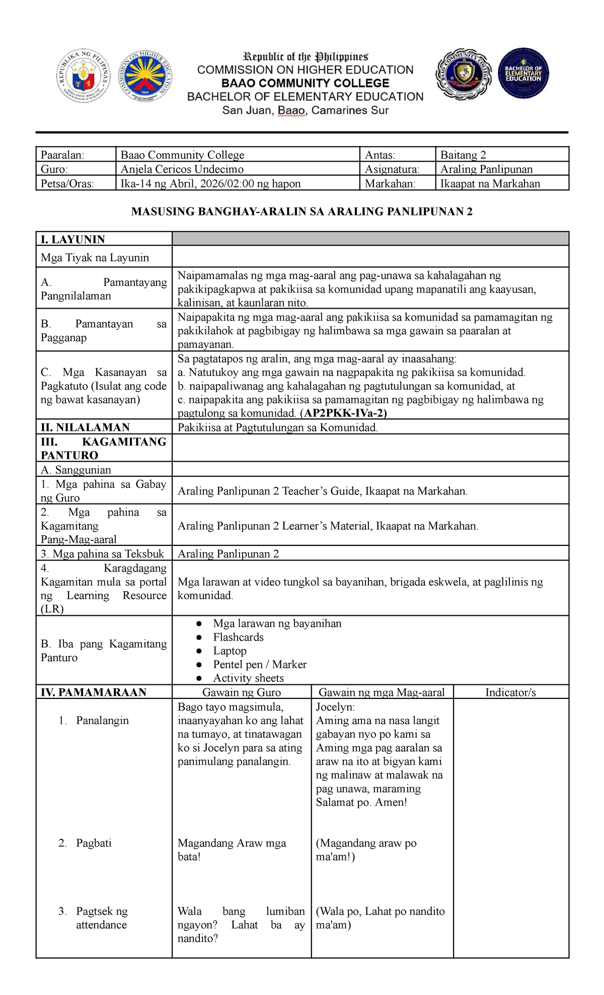 Detail Lesson Plan: Pakikiisa at Pagtutulungan sa Komunidad (BEED-2B ...