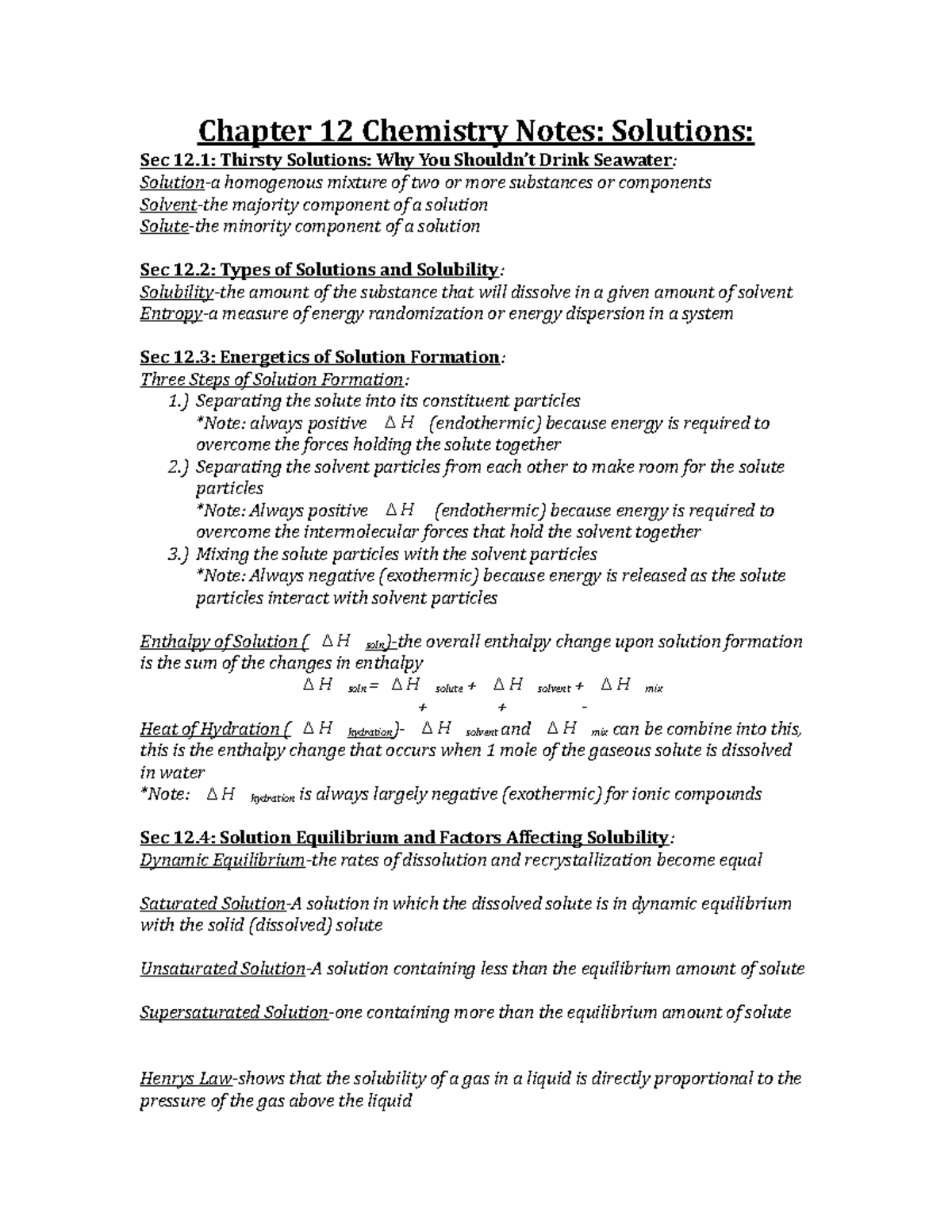 Chapter 12 Chemistry Notes - Chapter 12 Chemistry Notes: Solutions: Sec ...