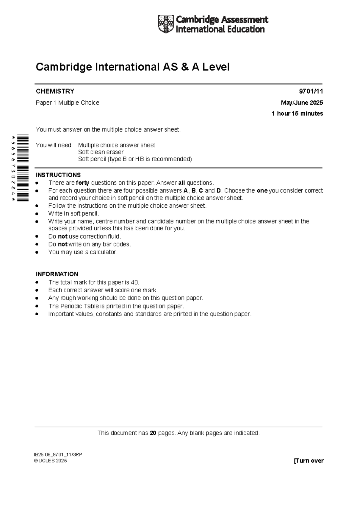 Cambridge International AS A Level CHEMISTRY 9701 S25 Paper 1 MCQ ...