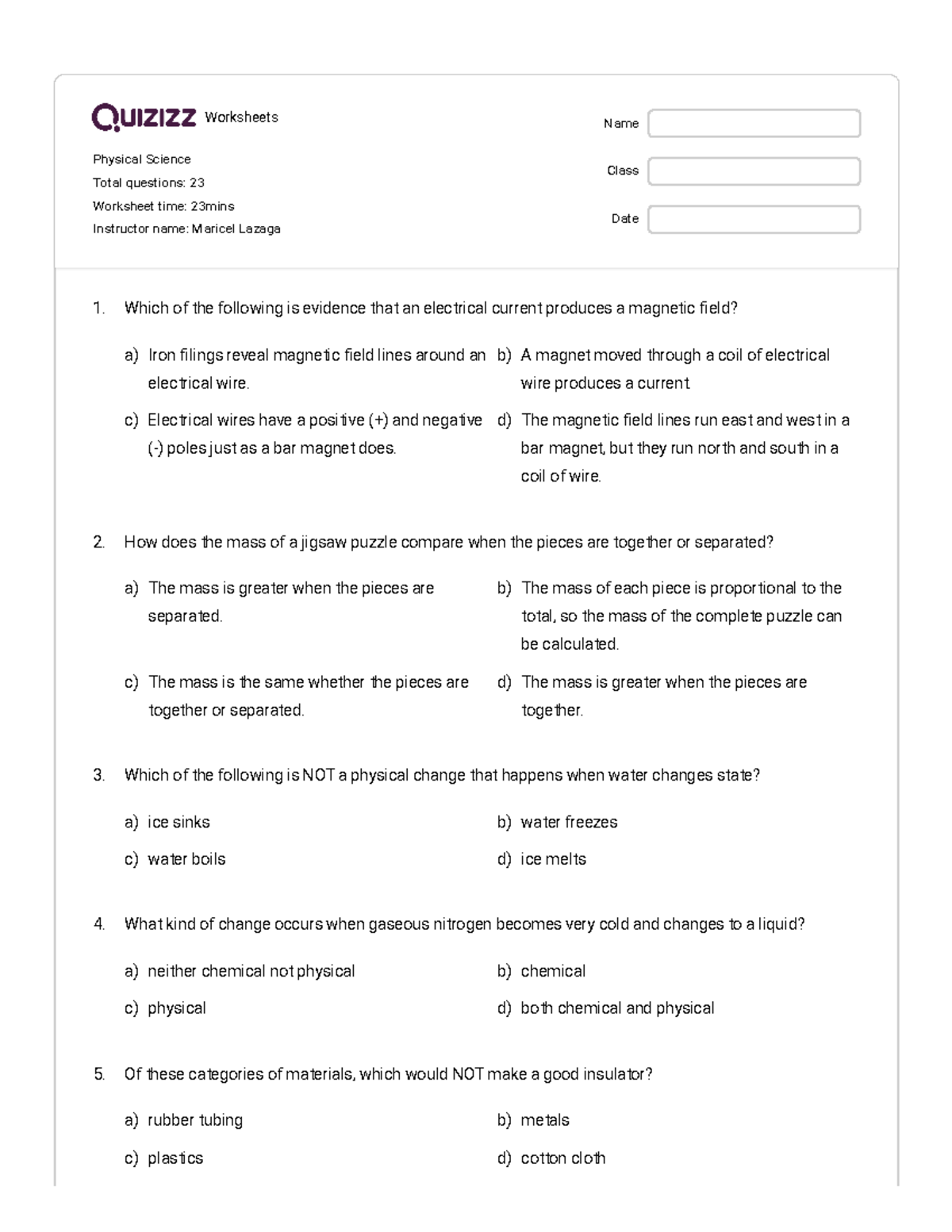 Physical Science Quizizz Worksheet for Review (23 Qs) - Studocu