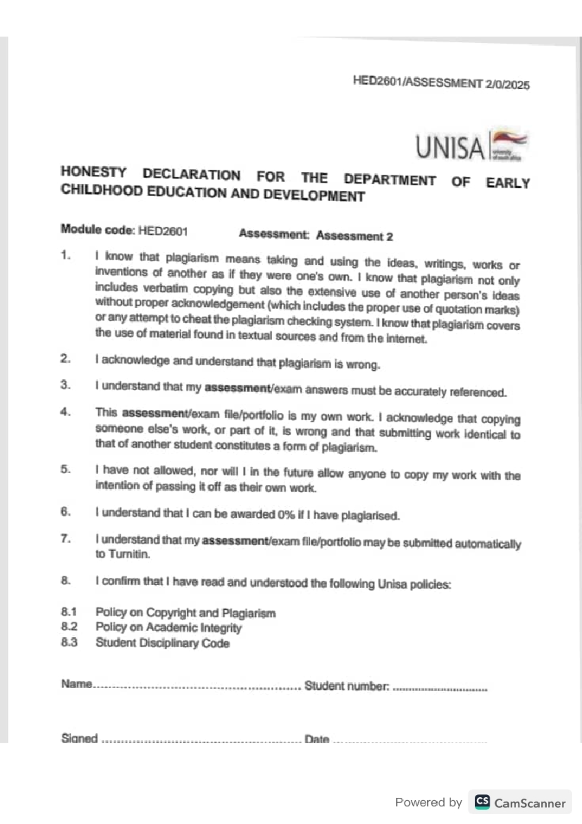 HED2601 Honesty Declaration for Early Childhood Education - Studocu