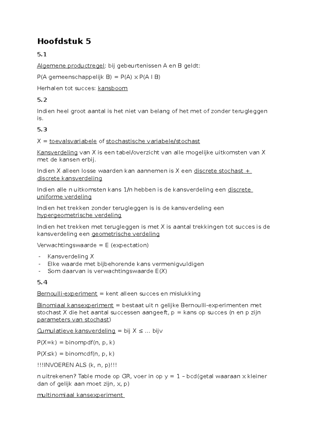 Wiskunde D Hoofdstuk 5: Kansverdelingen en Stochastische Processen - Studeersnel