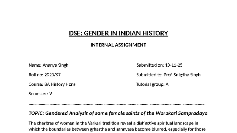 DSE: GENDERED ANALYSIS OF FEMALE SAINTS IN VARKARI TRADITION - Studocu