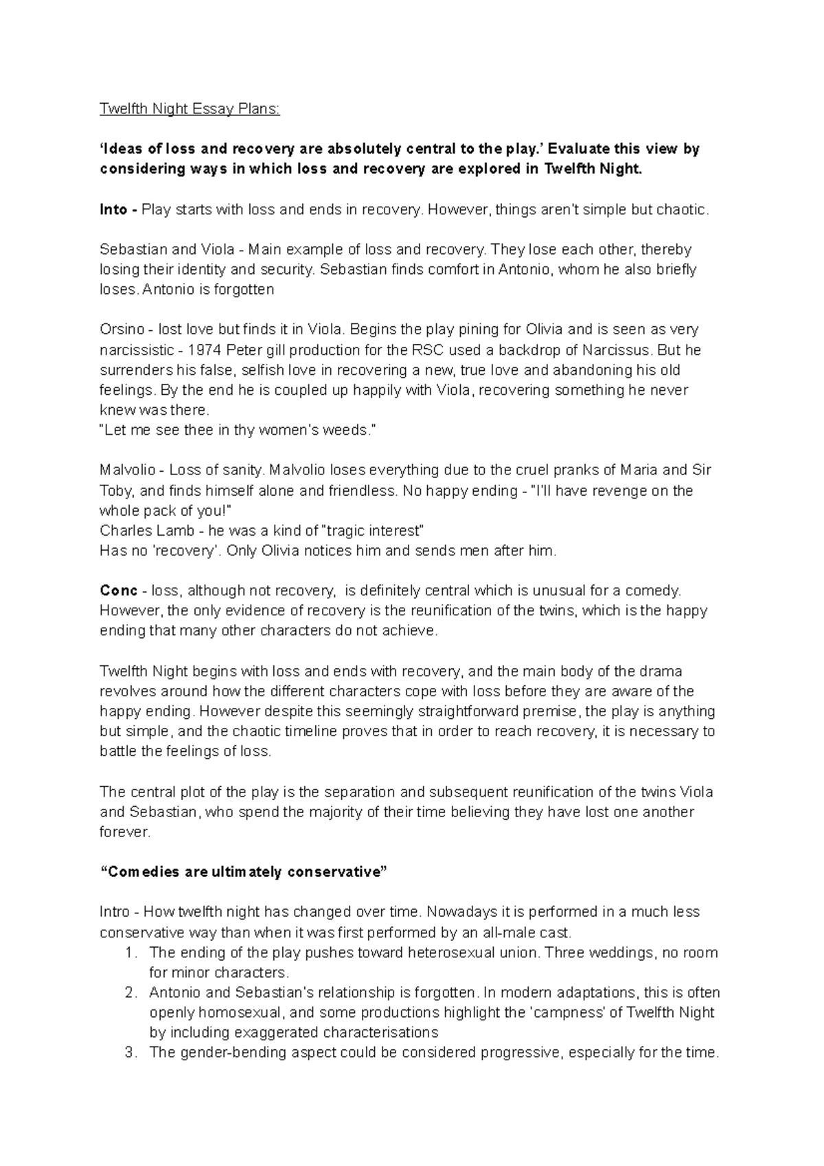 Twelfth Night (ENG202) Essay Plans: Exploring Loss and Recovery - Studocu