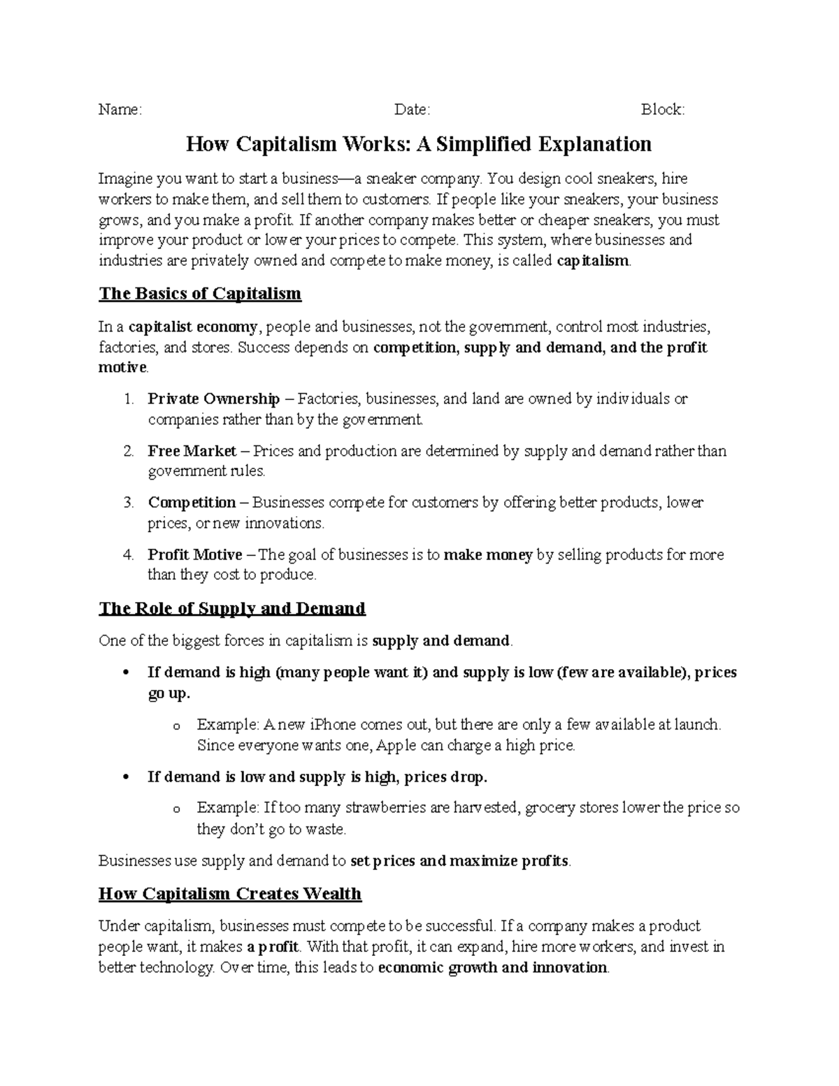 Capitalism reading Completed - Name: Date: Block: How Capitalism Works ...