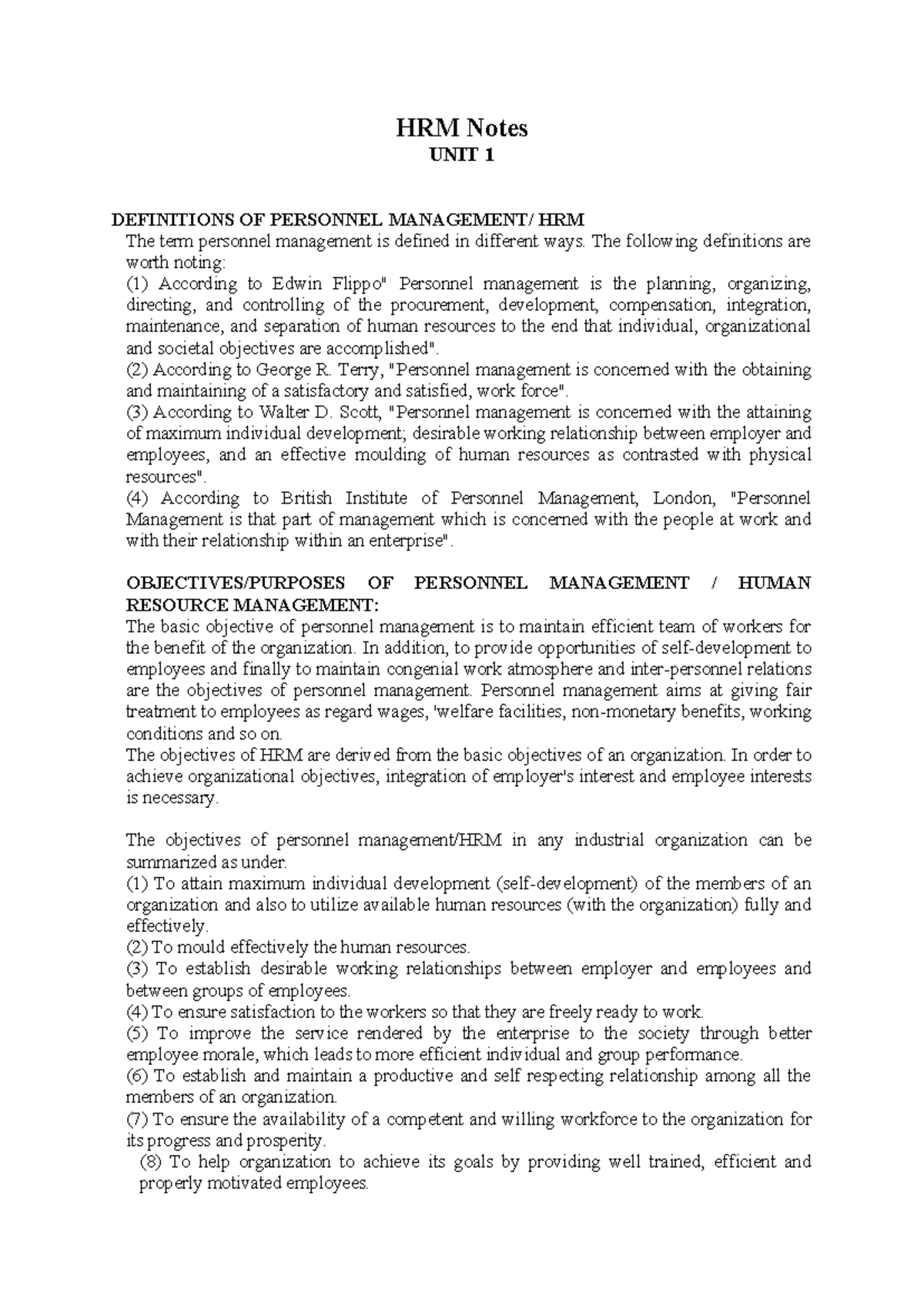 HRM Notes UNIT 1: Definitions, Objectives, and Functions of HRM - Studocu