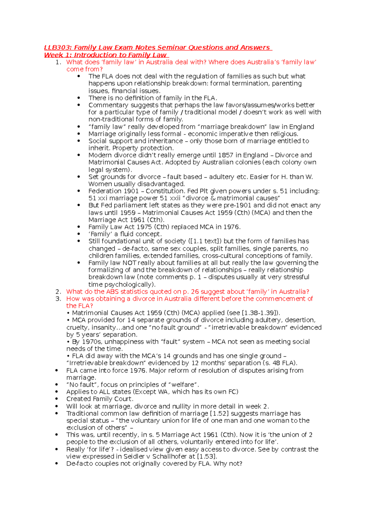 LLB303: Family Law Exam Notes - Seminar Questions & Answers Weeks 1-13 ...