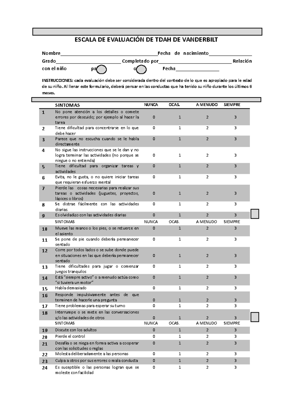 Escala de Evaluación de TDAH de Vanderbilt - Test Completo - Studocu