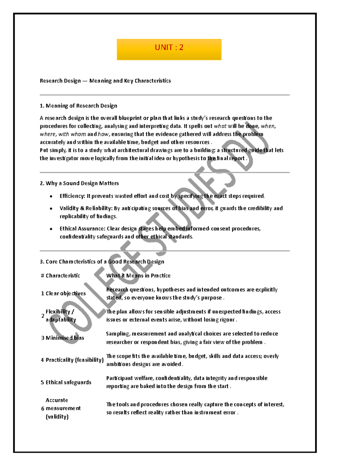 BRM Unit 2: Research Design - Key Concepts and Characteristics - Studocu