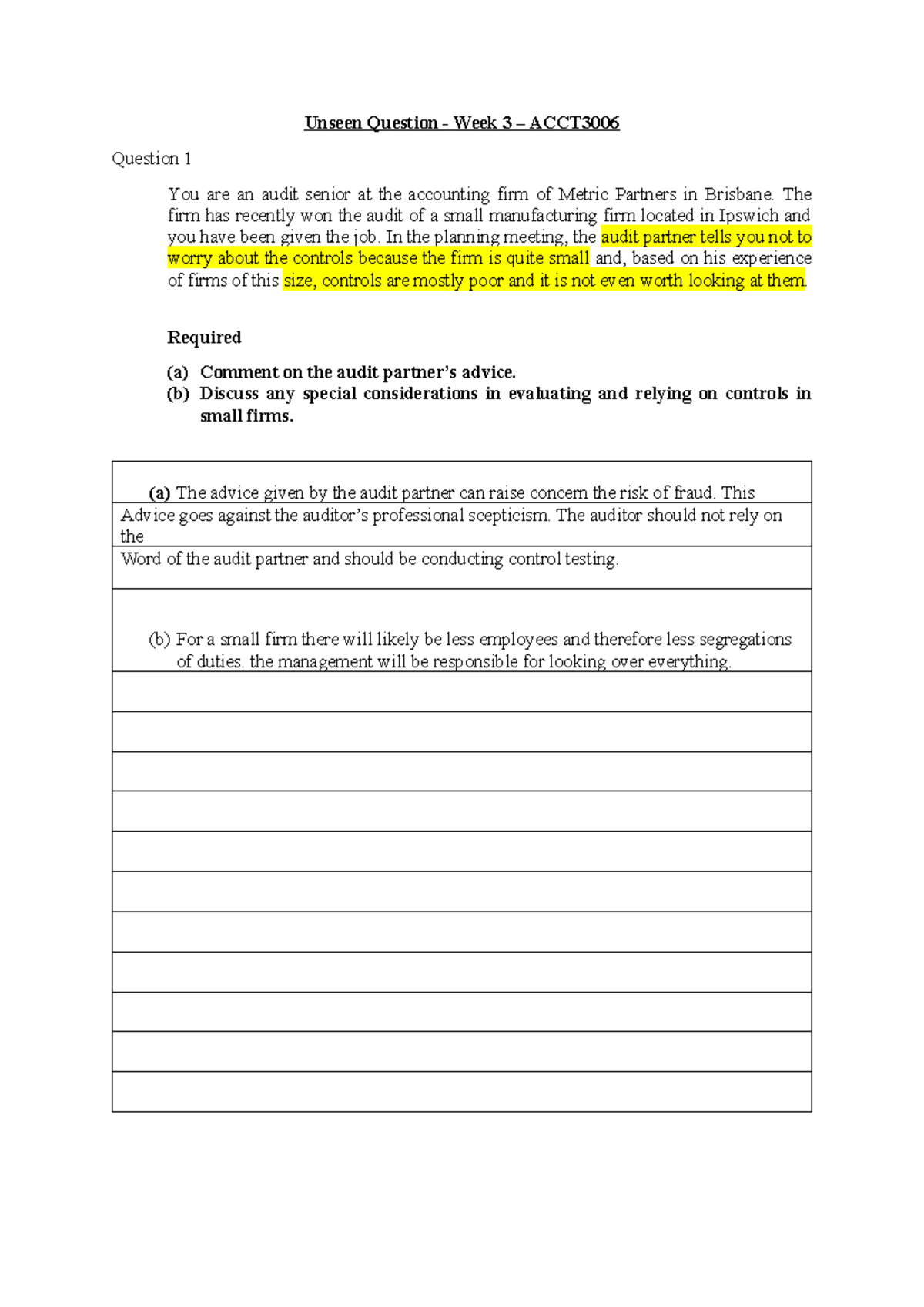 Unseen Questions Week 3 ACCT3006: Audit Risks & Controls Analysis - Studocu