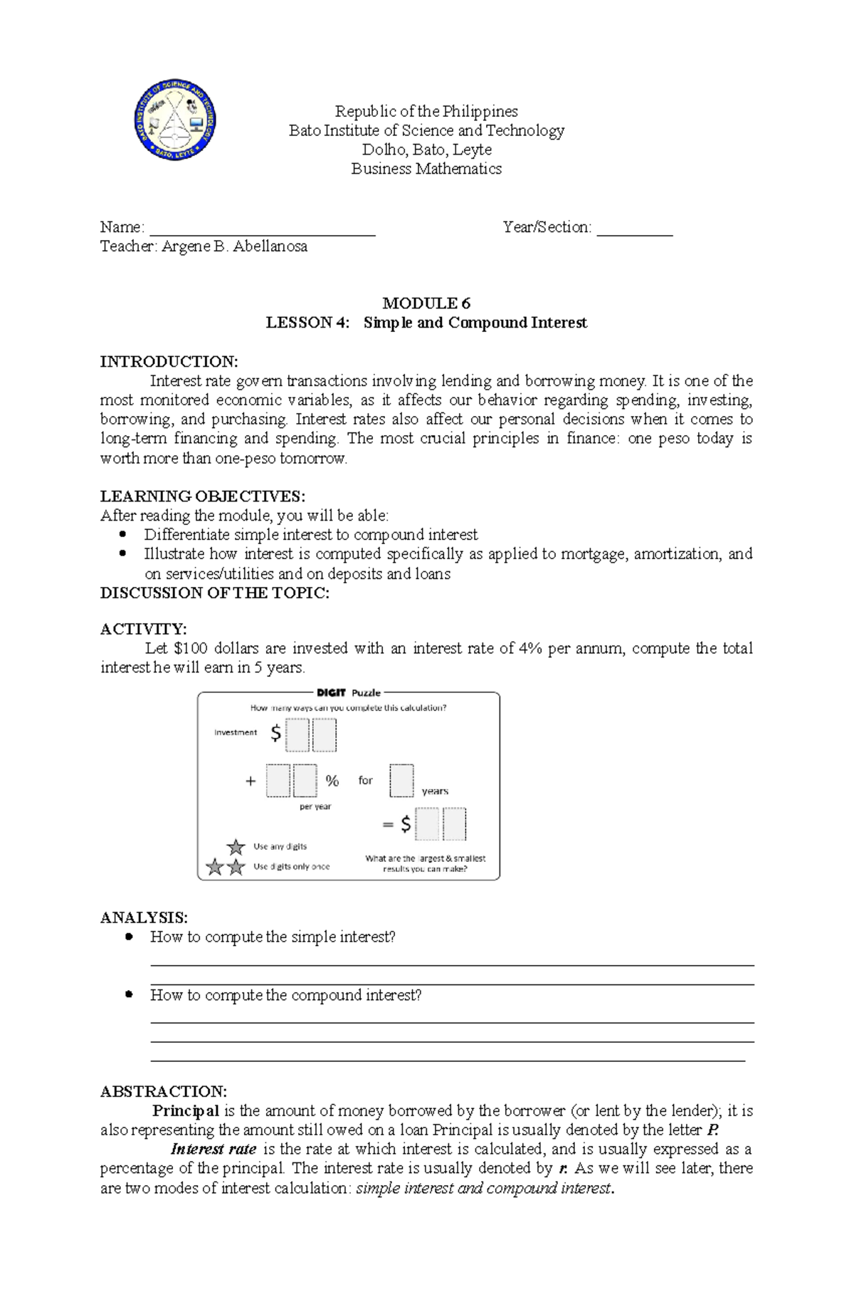 Business Math Module 6: Understanding Simple & Compound Interest - Studocu