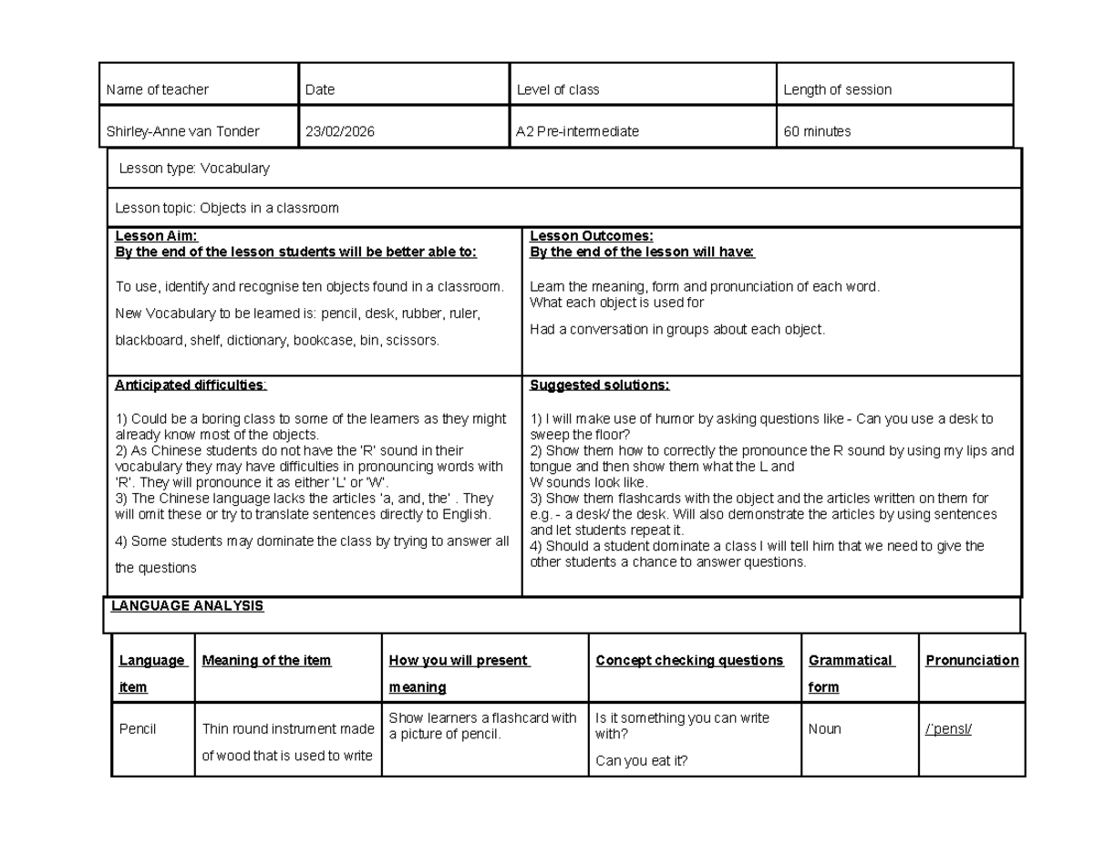 A2 Vocabulary Lesson Plan: Classroom Objects & Pronunciation Techniques ...