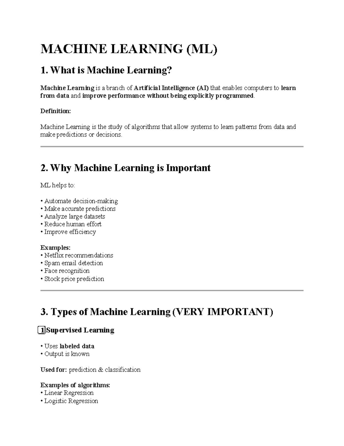 MACHINE LEARNING (ML) - Comprehensive Lecture Notes - Studocu
