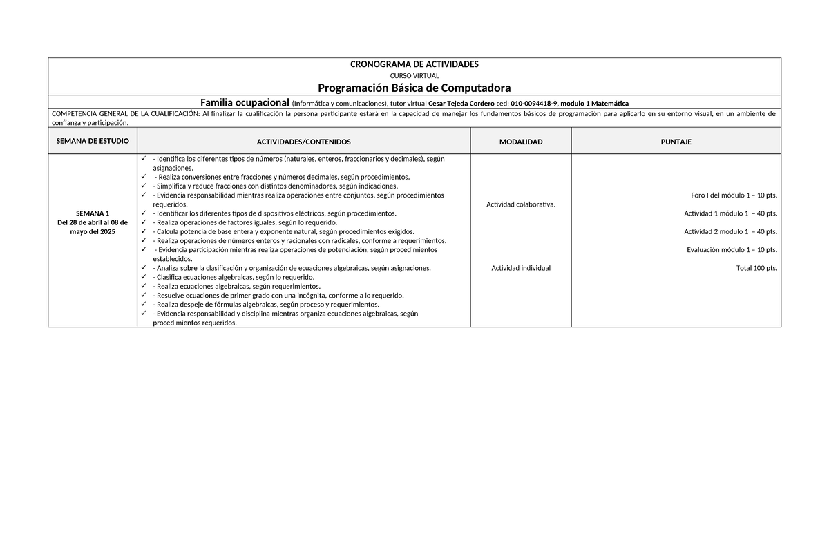 CRONOGRAMA DE ACTIVIDADES Módulo 1 - Programación Básica 2025 - Studocu