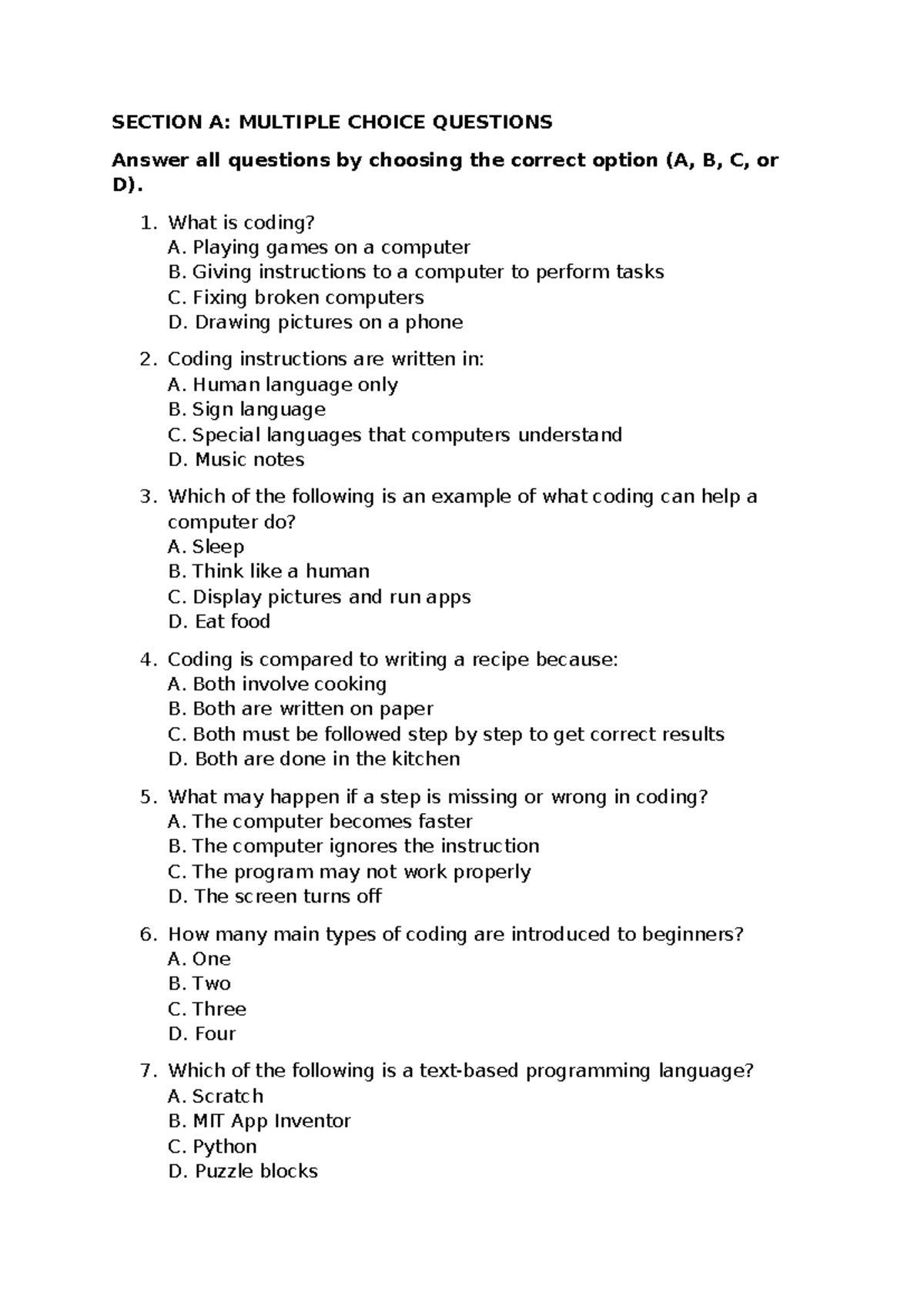 Year 4 & 5 Coding Basics: Multiple Choice Questions - Studocu