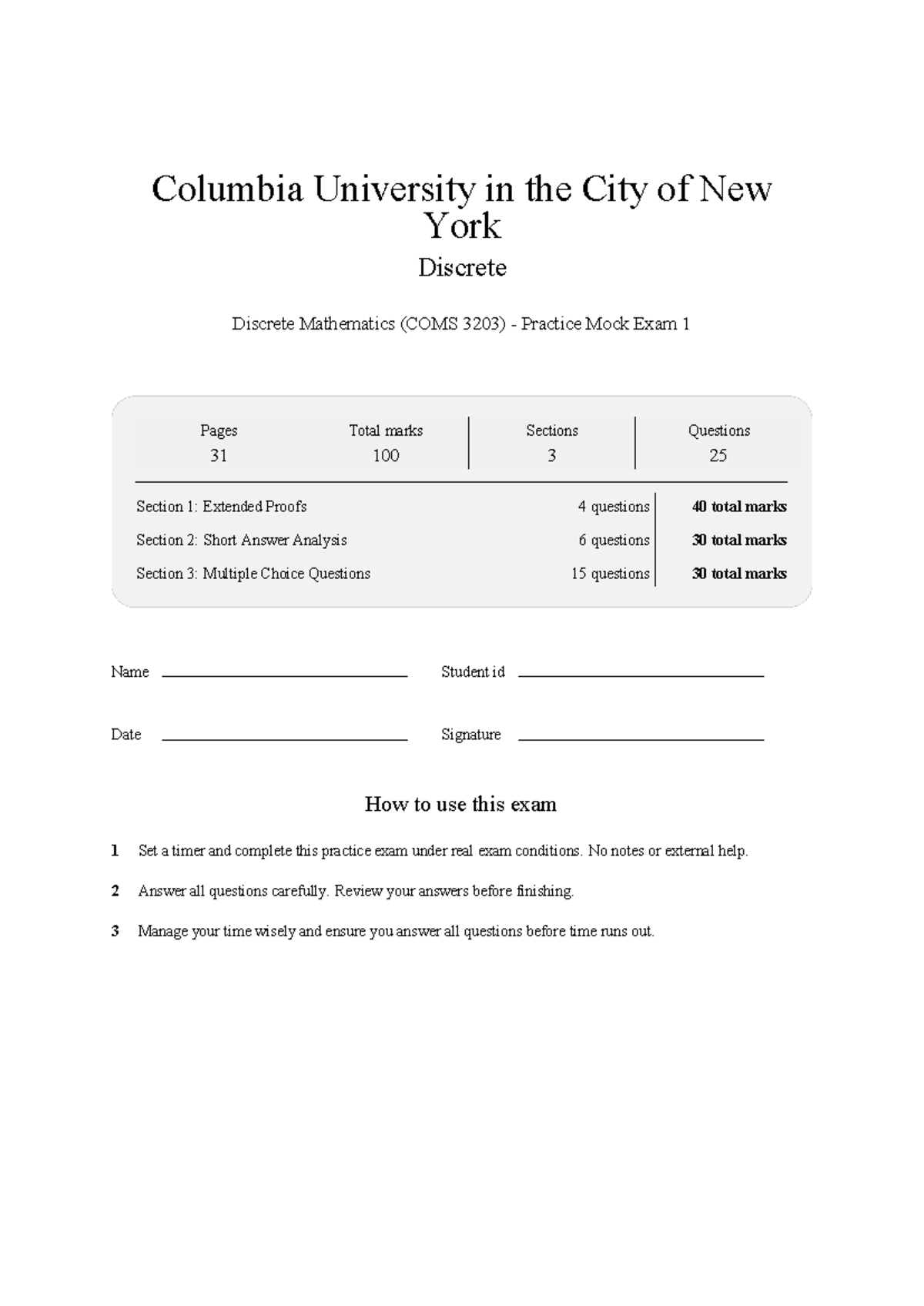 S3203 Discrete Mathematics (COMS 3203) Practice Mock Exam 1 - Studocu