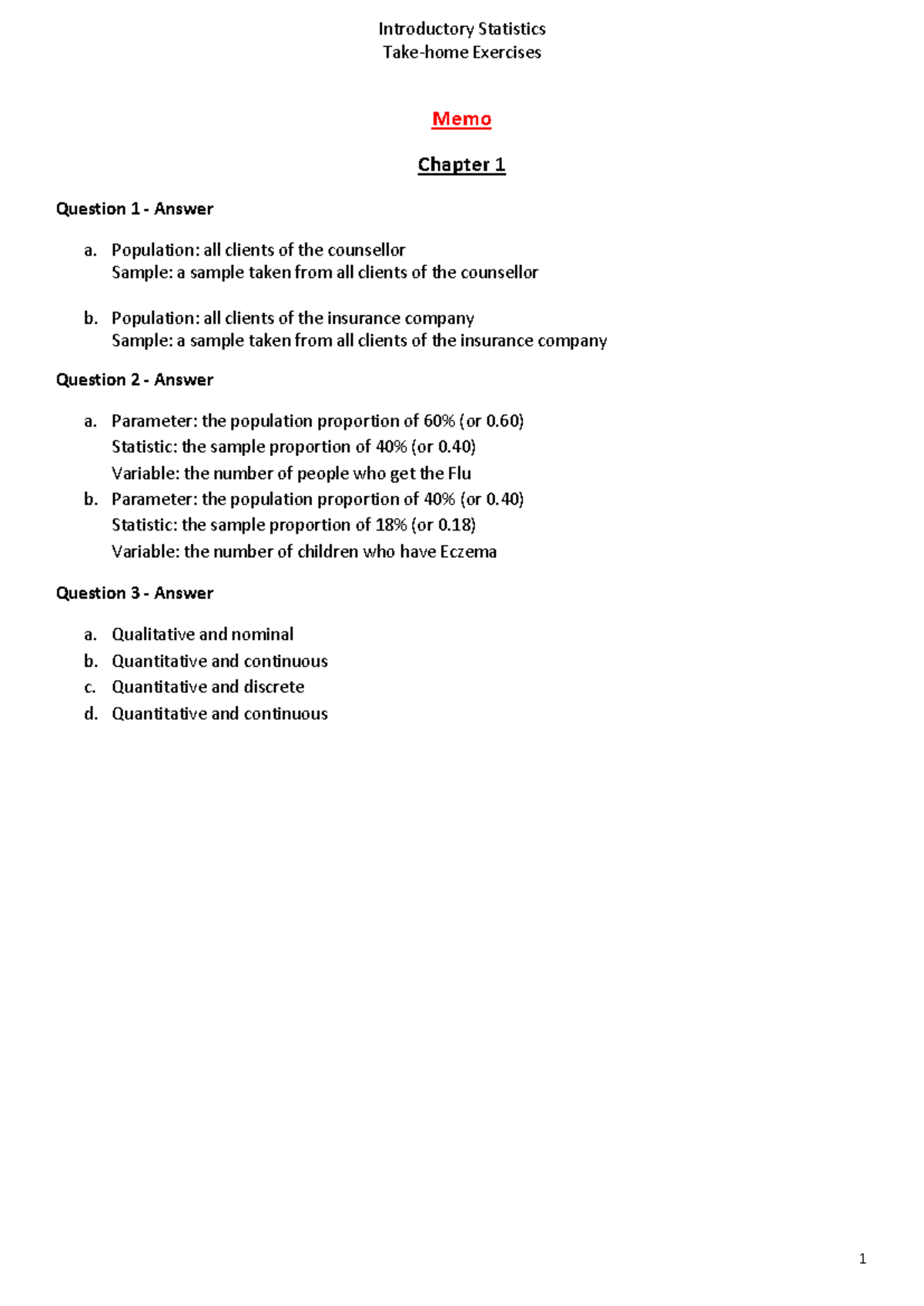 Tut Exercises Ch 1 Memo: Introductory Statistics Q&A - Studocu