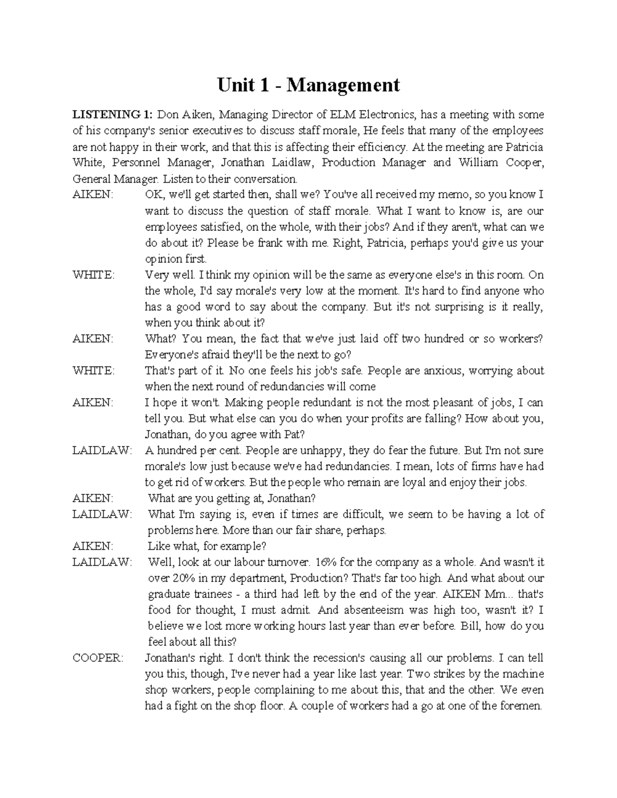 1 Transcript - scripts - Unit 1 - Management LISTENING 1: Don Aiken ...