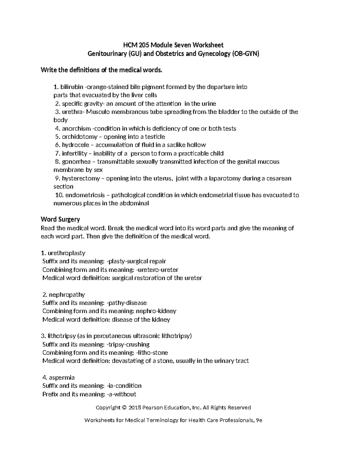 HCM 205 Module 7 Worksheet: GU & Obstetrics Terminology Definitions ...
