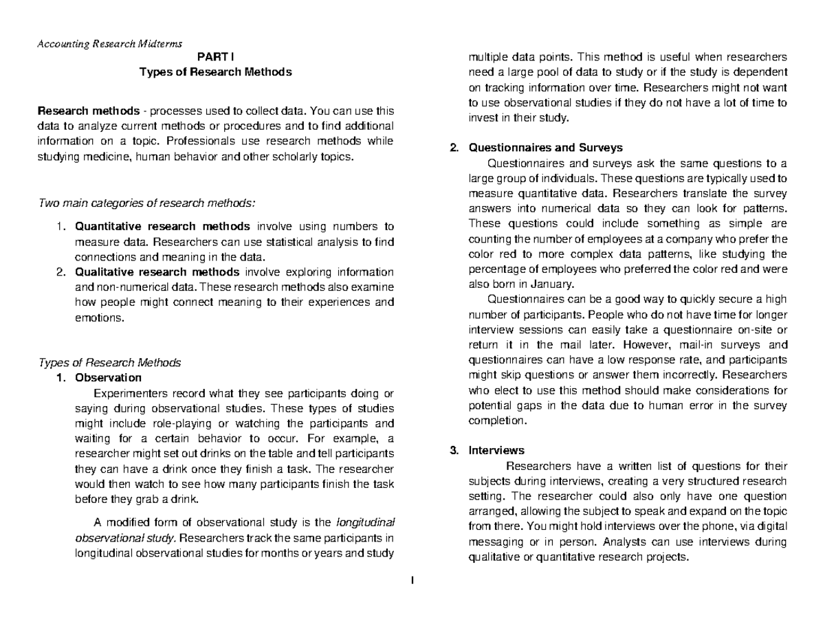 ACC Research Midterm Study Guide: Key Methods & Types Explained - Studocu