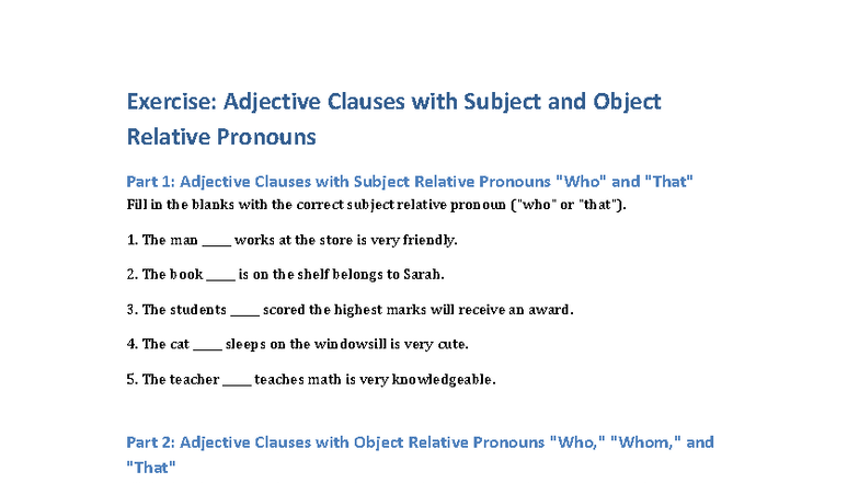 Adjective Clauses Exercises: Subject & Object Relative Pronouns - Studocu