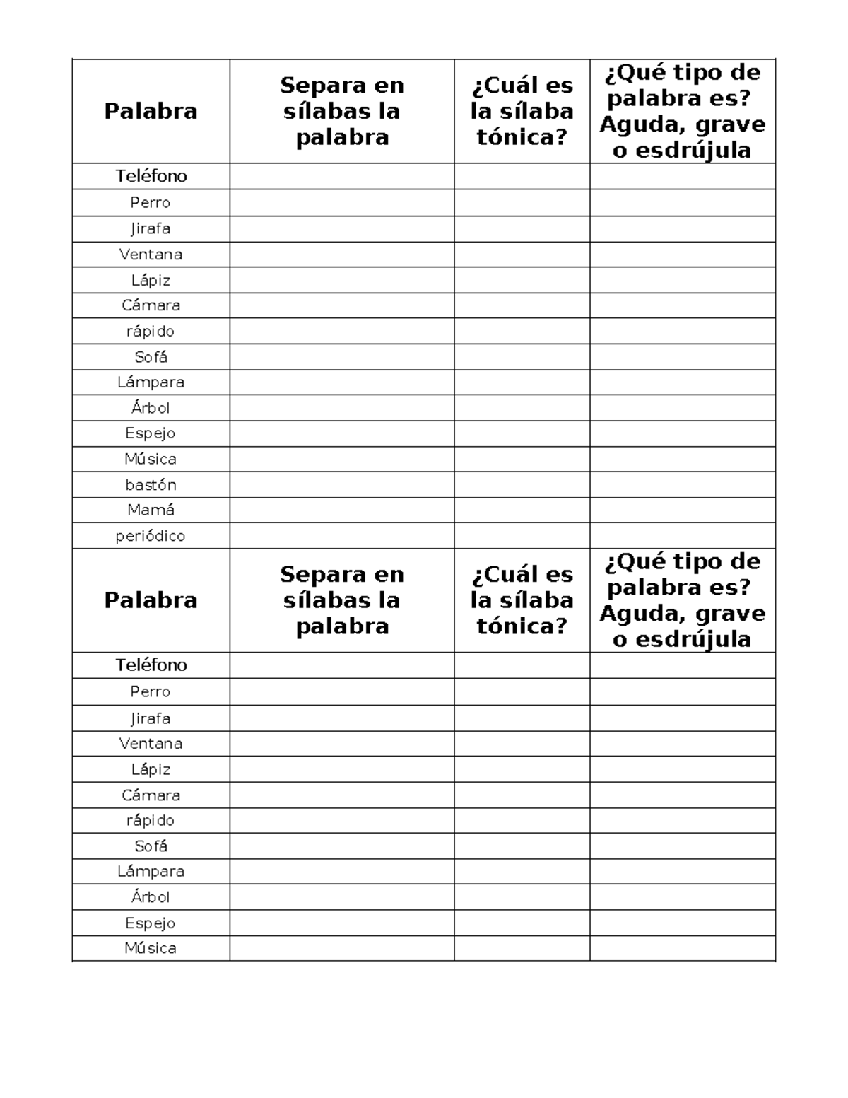 Palabras Graves, Agudas, Esdrújulas - Palabra Separa en sílabas la ...