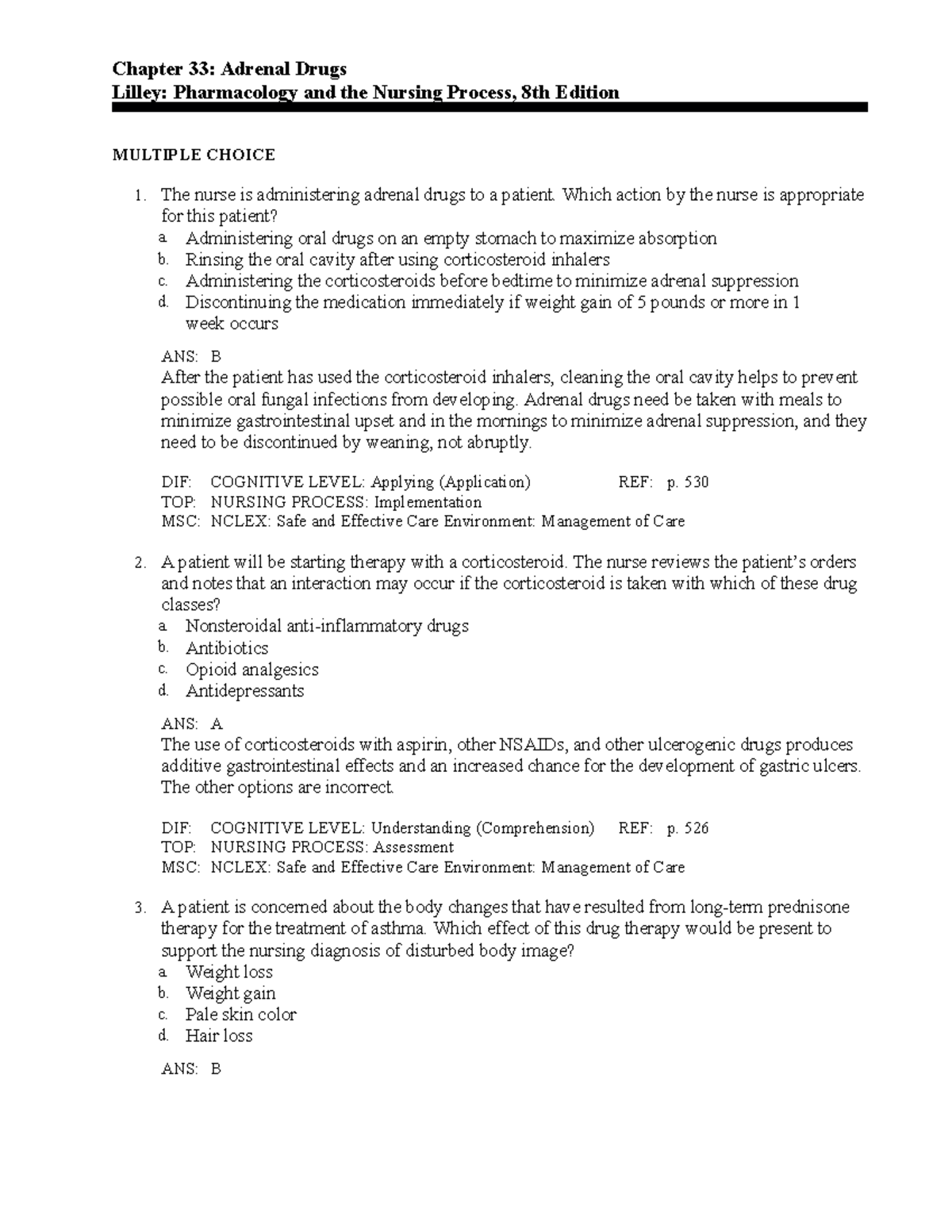 C33 - Adrenal Drugs Overview and NCLEX Review Questions - Studocu