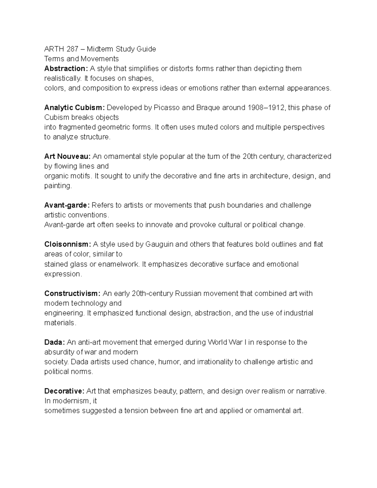 ARTH 287 Midterm Study Guide: Key Art Movements & Terms - Studocu