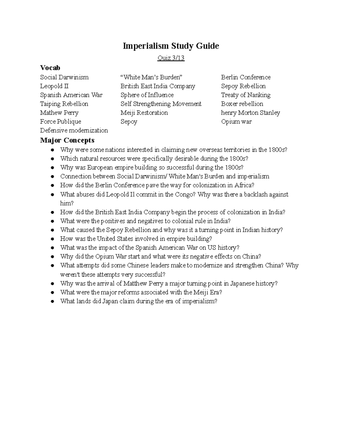 History Study Guide: Imperialism Concepts & Vocabulary - Studocu