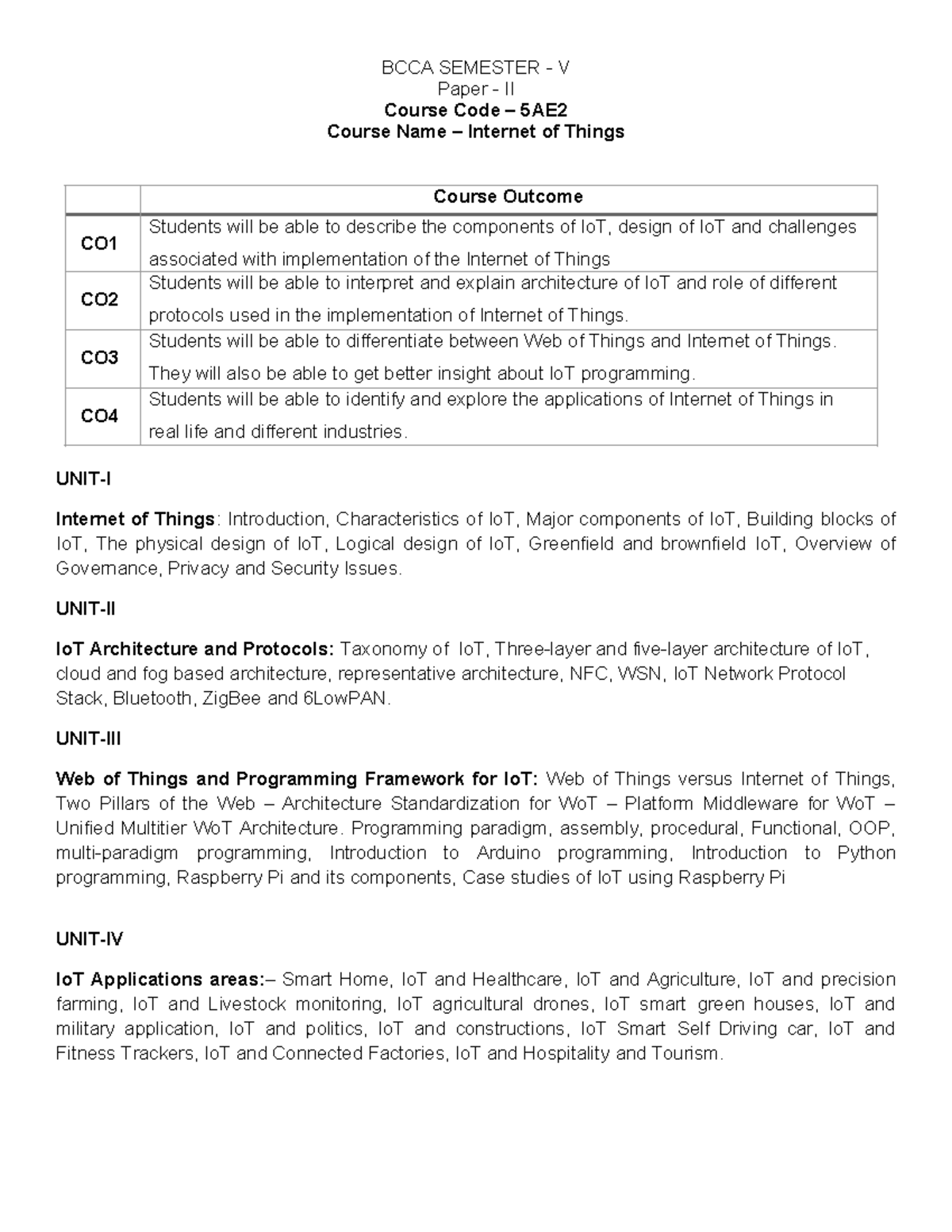 BCCA SEMESTER V Paper II 5AE2 IoT Unit I Study Notes - Studocu