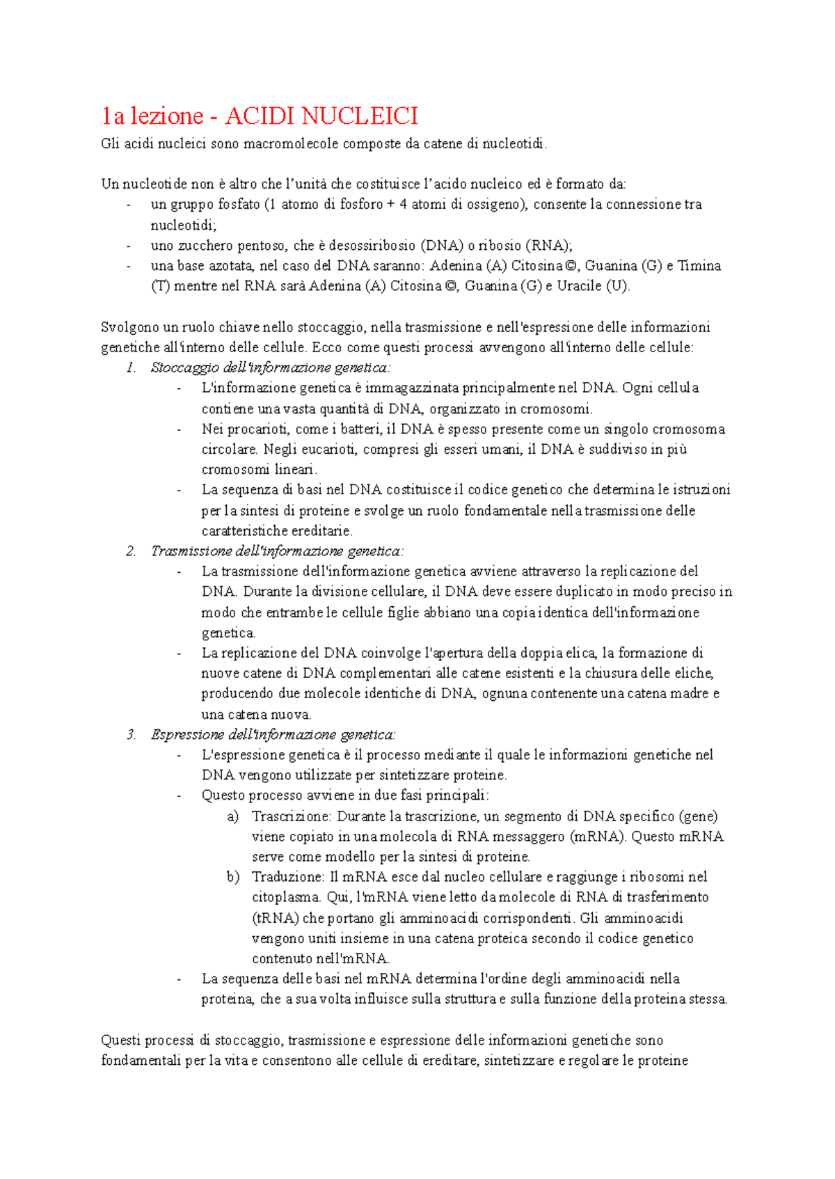 Lezione 1: Acidi Nucleici e Struttura delle Cellule (BIOL101) - Studocu