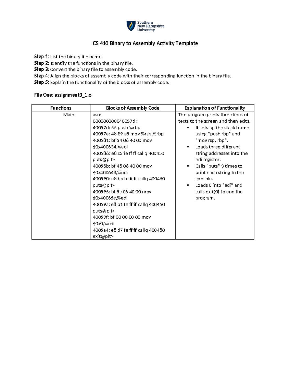 CS 410 Binary to Assembly Activity Overview and Functionality - Studocu