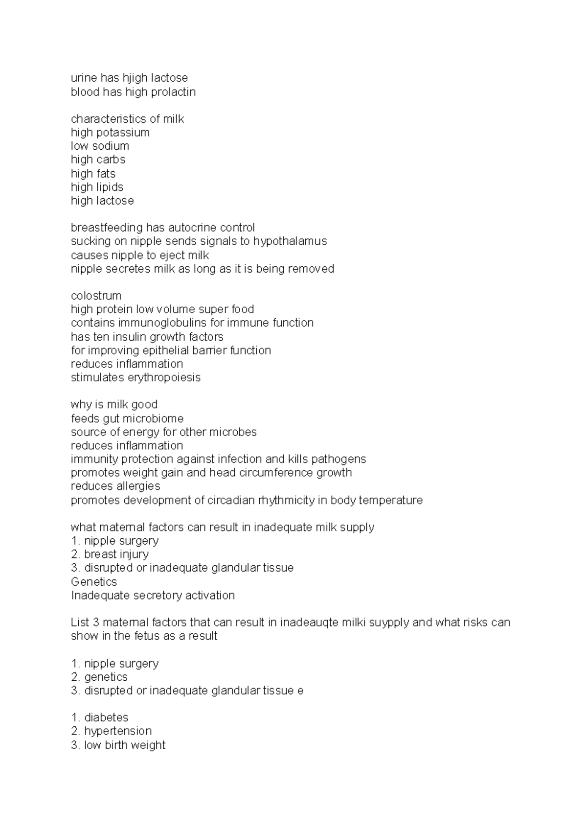 4X Lab Notes: Lactation, Milk Composition & Maternal Factors - Studocu