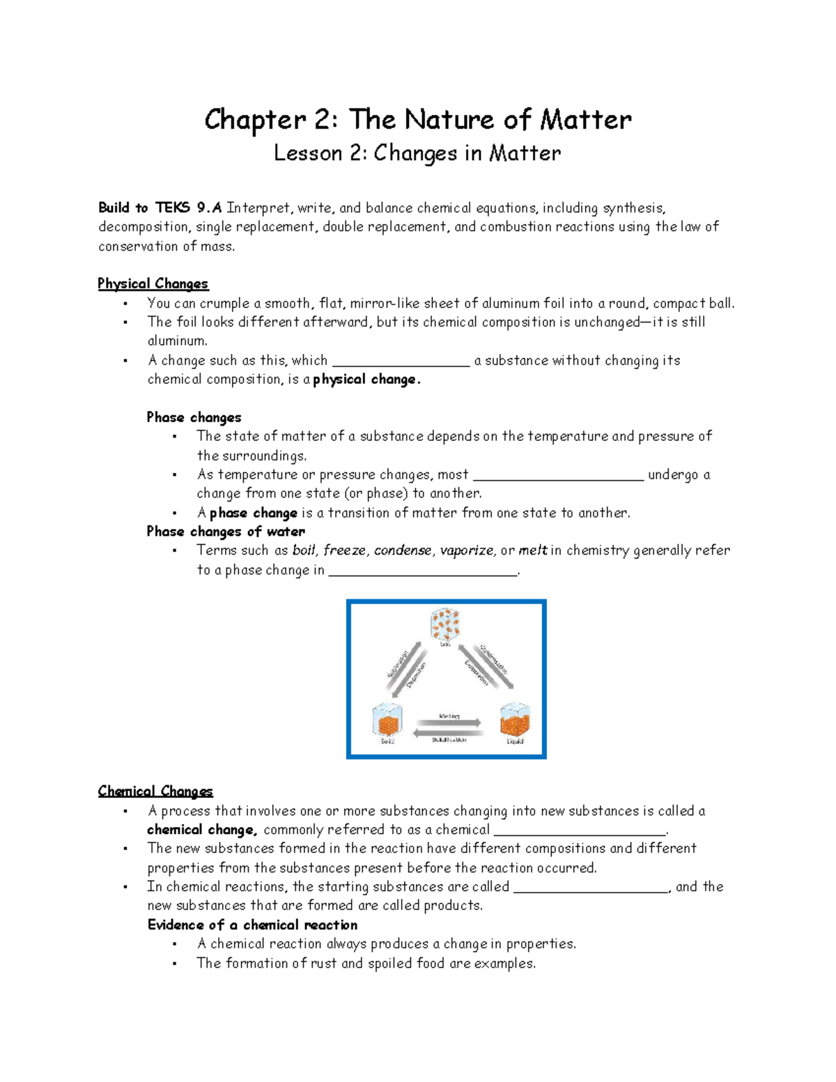 Chapter 2: Changes in Matter - Lesson Notes TEKS 9.A - Studocu