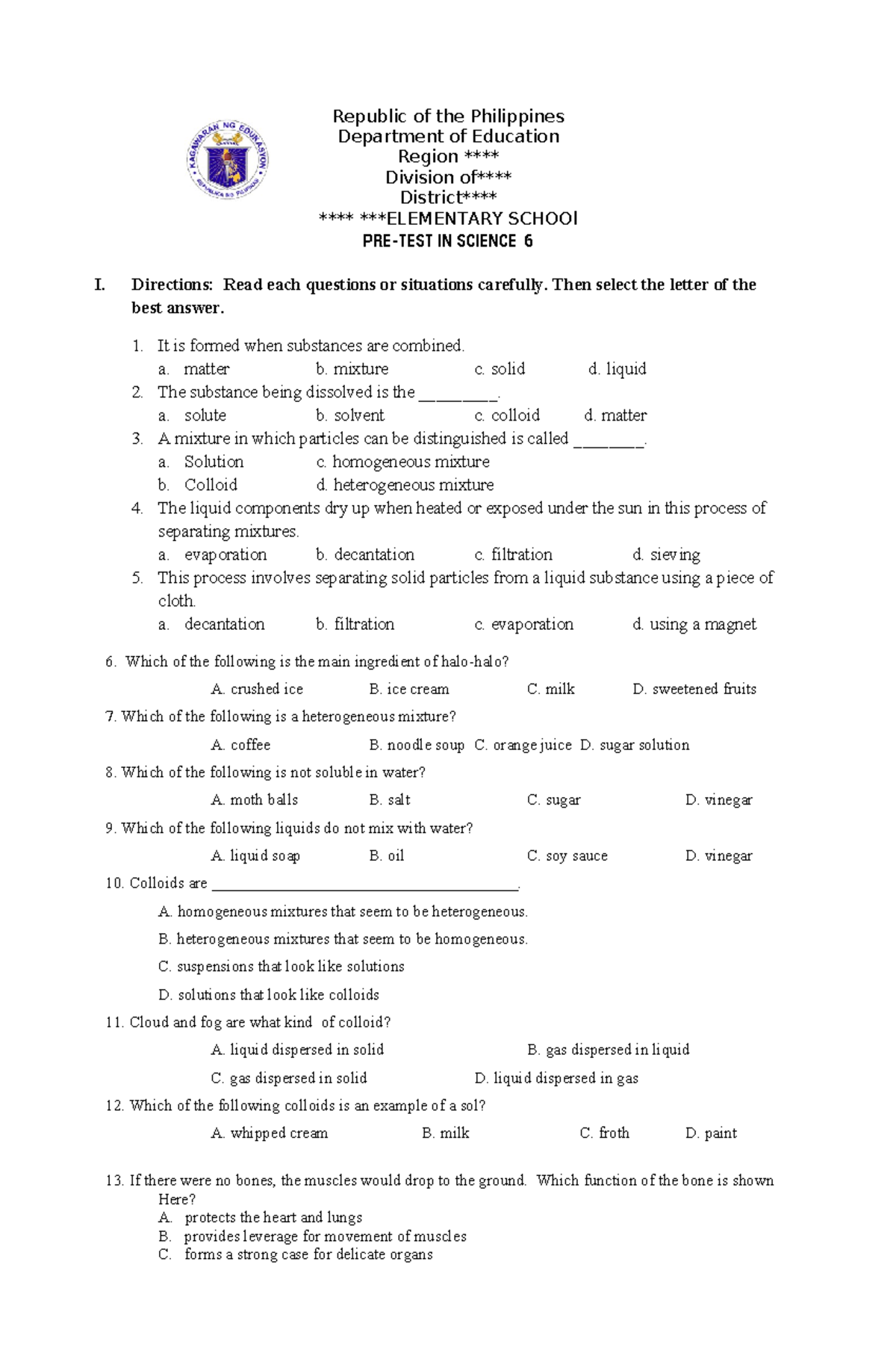 Pre-Test in Science 6: Diagnostic Assessment and Practice - Studocu