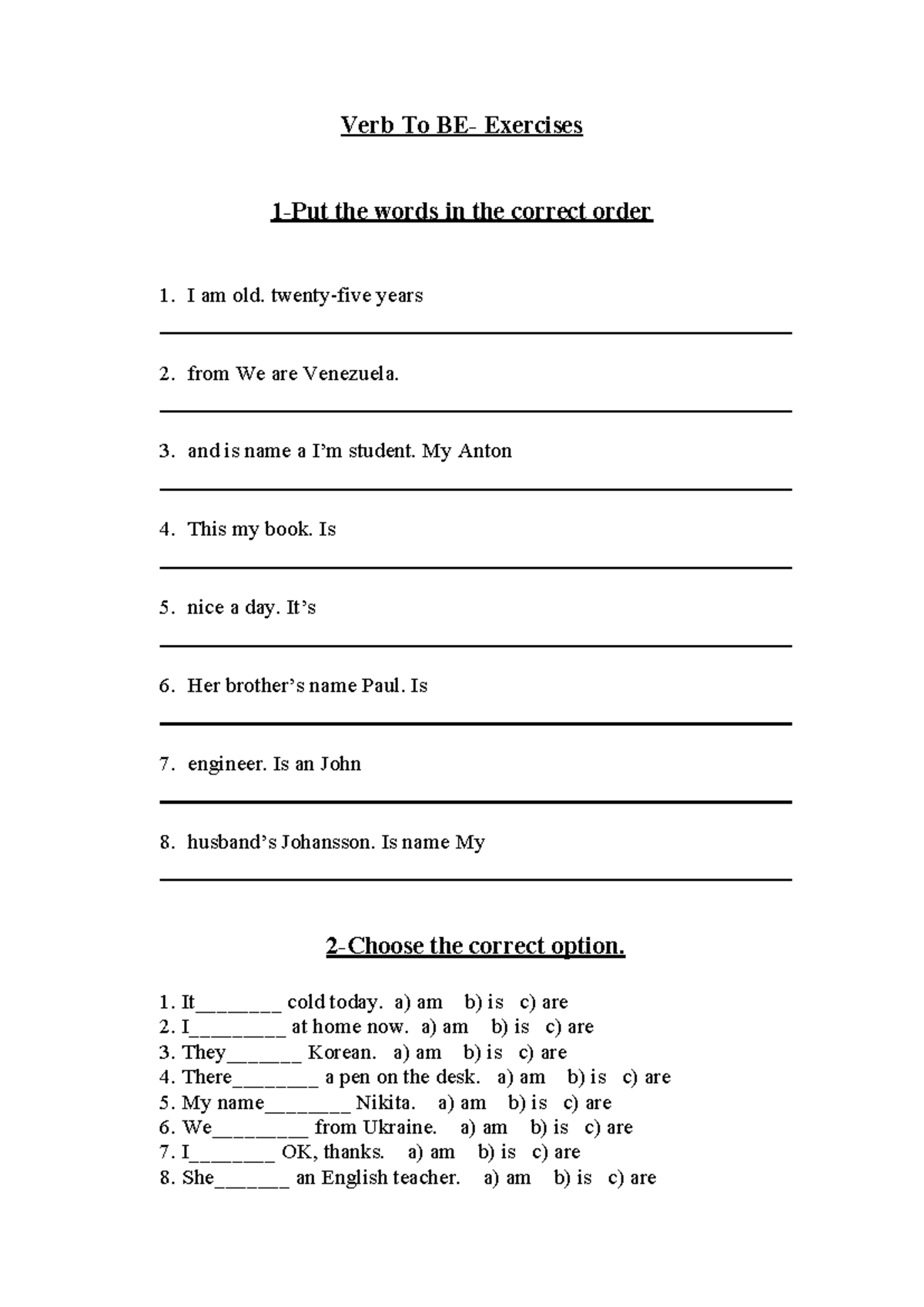 Revision of Verb "To Be" Exercises - Course Code: ENG101 - Studocu