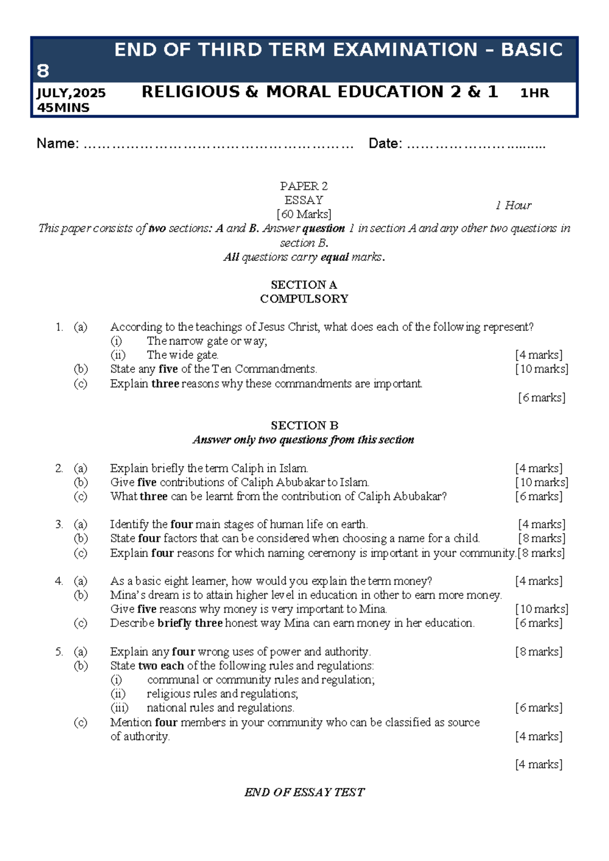 BS8 RME - End of Third Term Exam Questions and Marking Scheme - Studocu