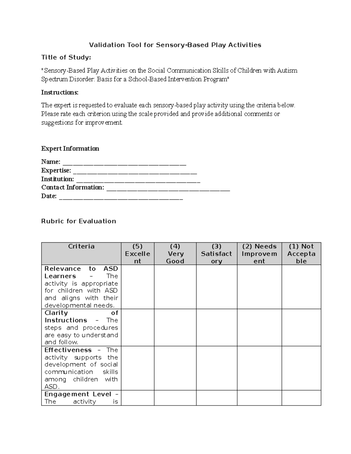 Validation Tool for Play Activities: Enhancing Social Skills in ASD ...