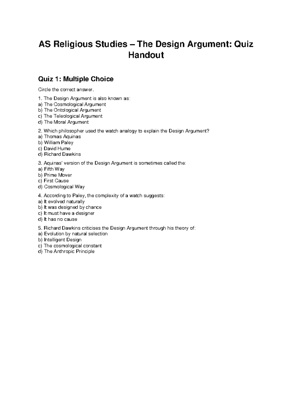 AS Religious Studies Design Argument: Quiz Handout 1 & 2 - Studocu