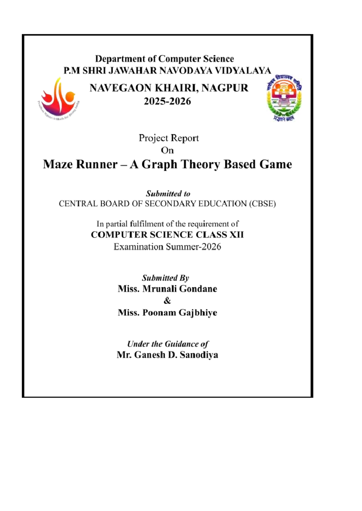 Graph Theory Project Report: Runner A - CBSE Class XII - Studocu