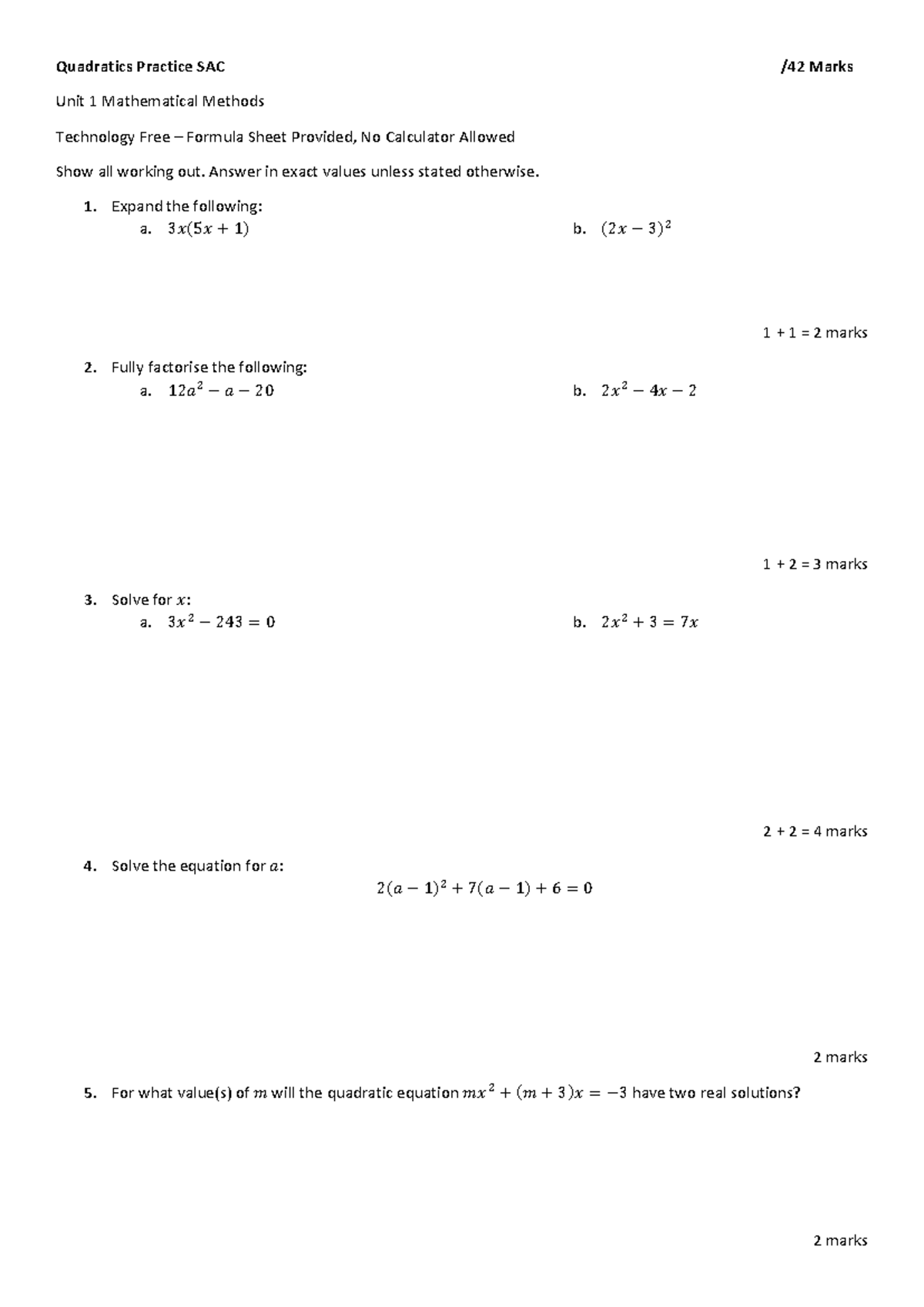 Quadratics Practice SAC - Unit 1 Mathematical Methods Exam Prep - Studocu